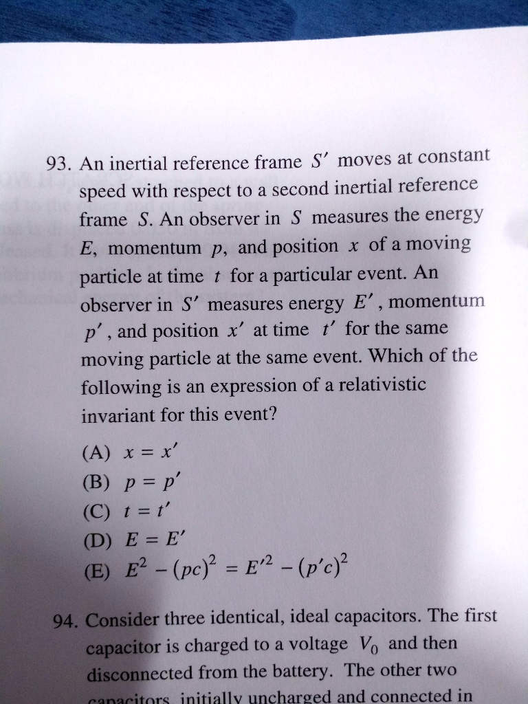 SOLVED: 93. An inertial reference frame ' moves at constant speed with respect to second ...