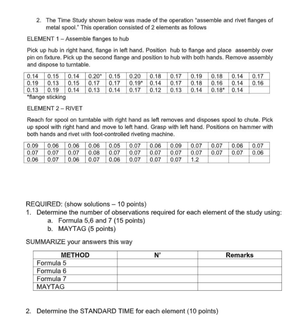 2. The Time Study shown below was made of the operation "assemble and ...
