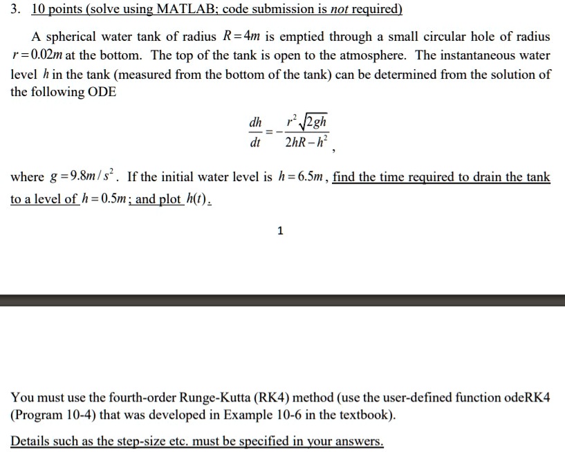 jpoints solve using matlab code submission is not requircd a spherical water tank of radius r4m ...