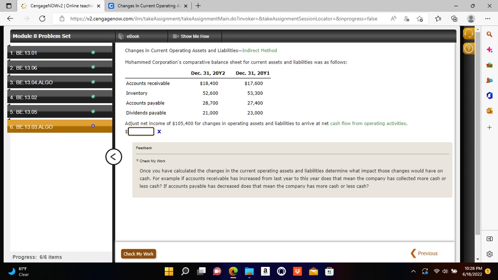 SOLVED: CengageNOWv2|Online teacher X Changes In Current Operating Assets https://v2.cengagenow ...