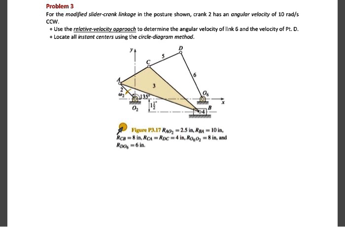 SOLVED: Problem 3: For the modified slider-crank linkage in the posture shown, crank 2 has an ...