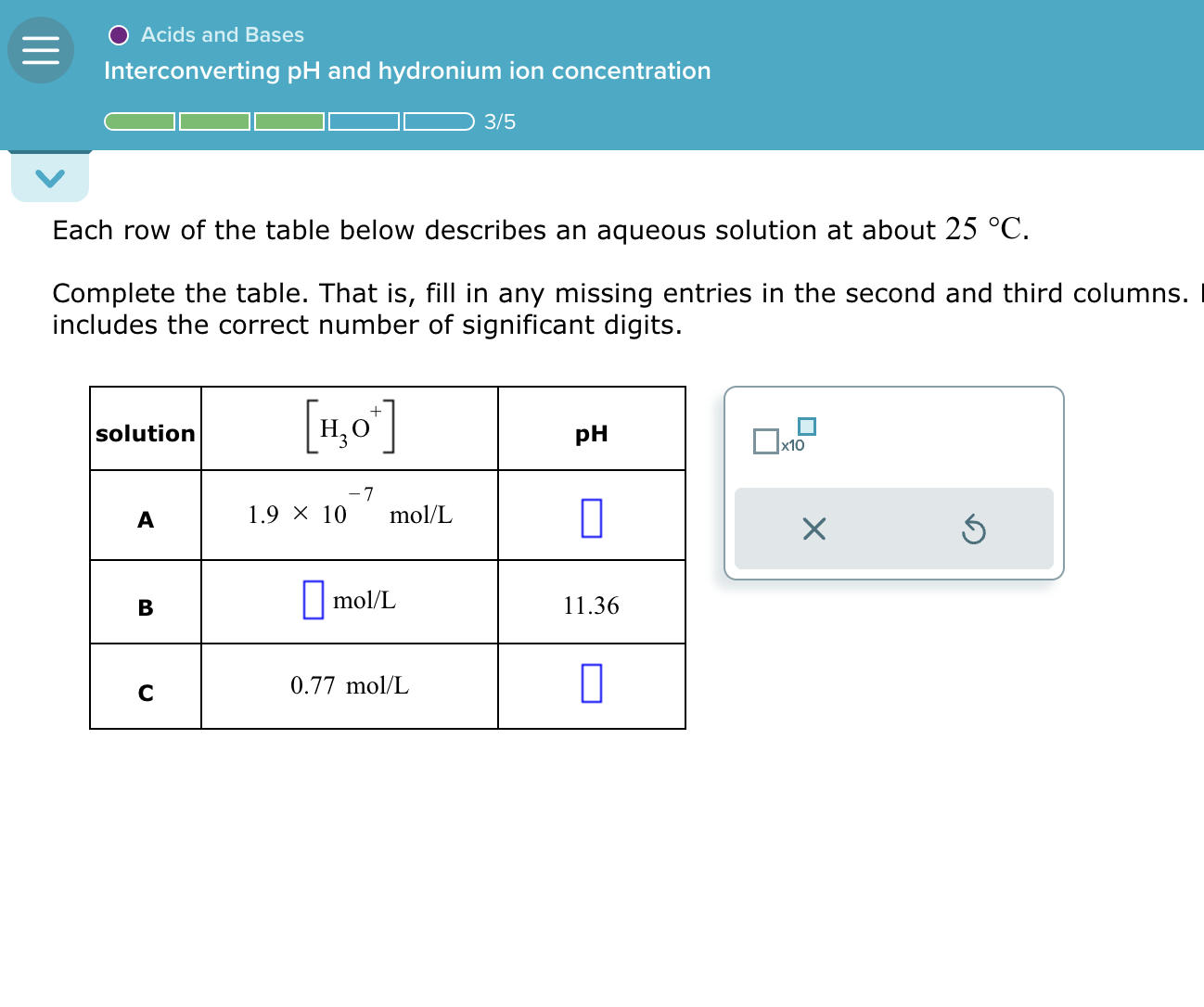 SOLVED: Acids and Bases Interconverting pH and hydronium ion concentration Each row of the table ...