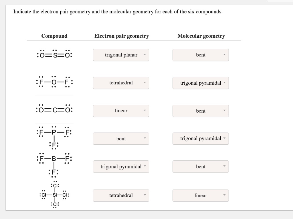 SOLVED:Indicate the electron pair geometry and the molecular geometry ...