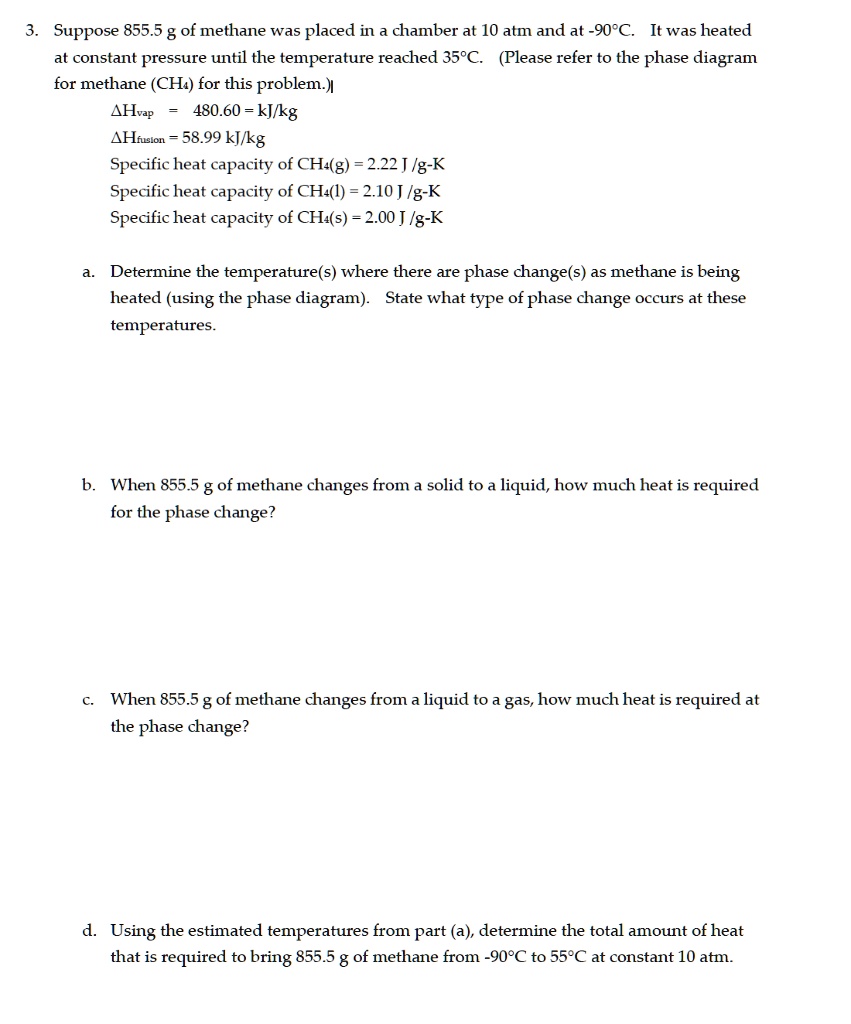 SOLVED: Suppose 855.5 g of methane was placed in a chamber at 10 atm and at -90'C It was heated ...
