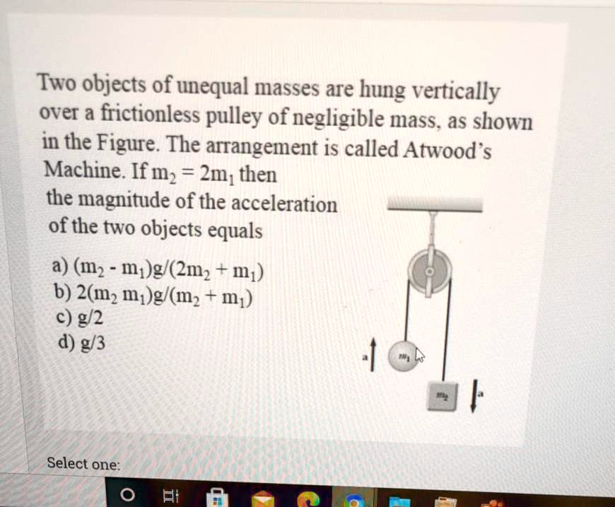 SOLVED: Two objects of unequal masses are hung vertically over a frictionless pulley of ...