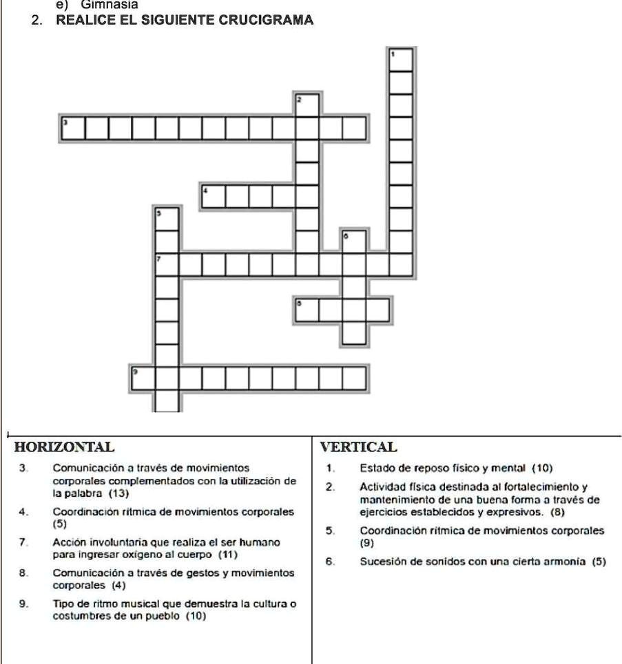 realizar el siguiente crucigrama verical 1 estado de reposo fisico y ...