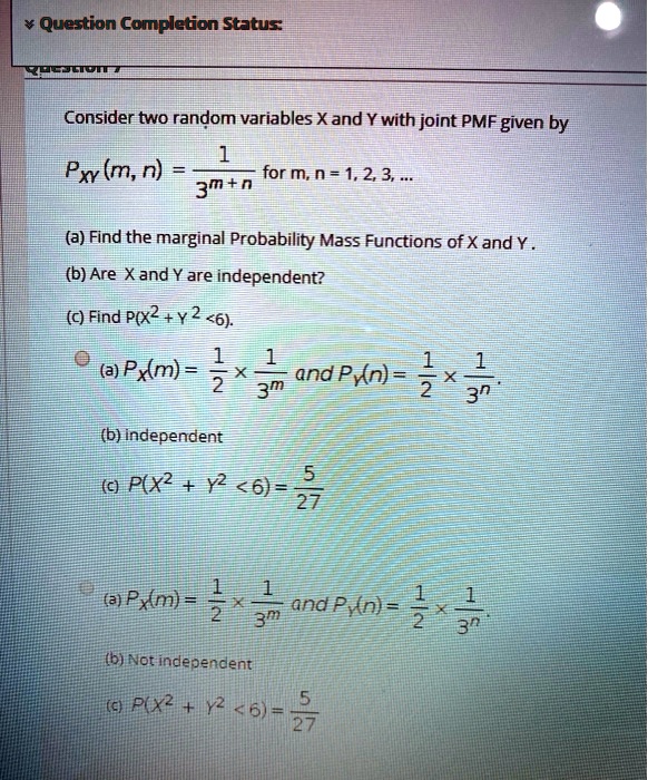 SOLVED:Question Completion Status Consider two random variables X and Y with joint PMF given by ...