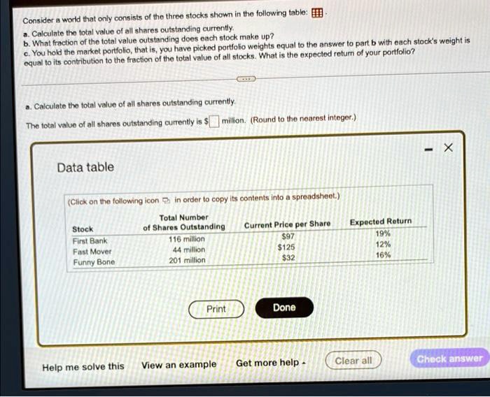SOLVED: Consider a world that only consists of the three stocks shown ...