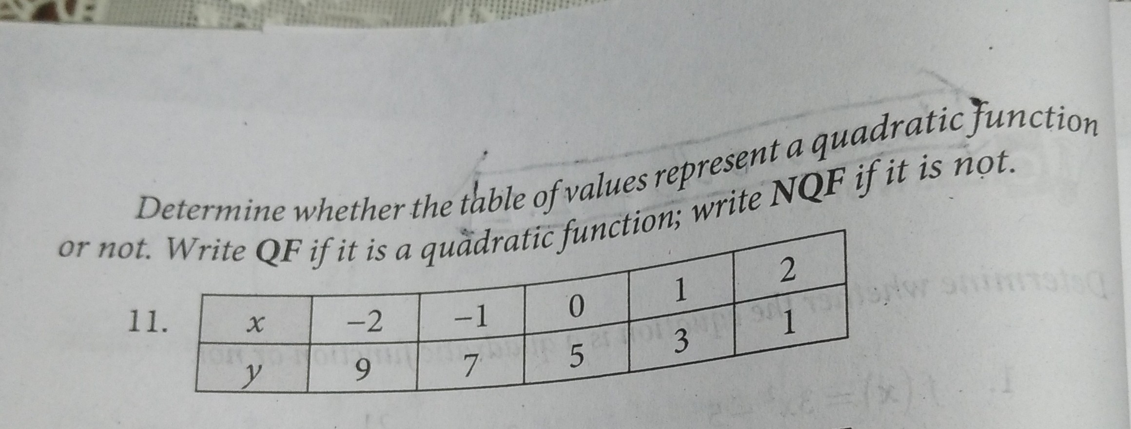 SOLVED: Determine whether the table of values represent a quadratic function or not. Write Q F ...