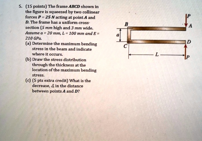 5. (15 points) The frame ABCD shown in the figure is squeezed by two collinear forces P = 25 N ...