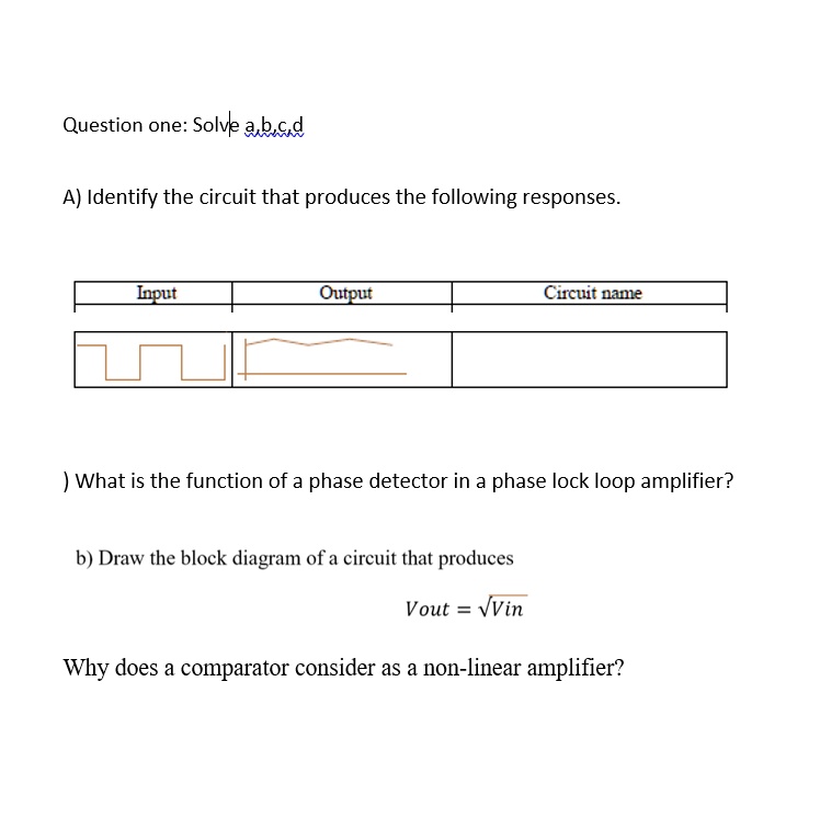 Question one: Solve abcd A) Identify the circuit that produces the following responses. Input ...