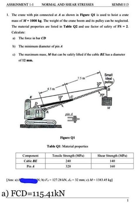 NORMAL AND SHEAR STRESSES SEMM1113 1. The crane with a pin connected at ...