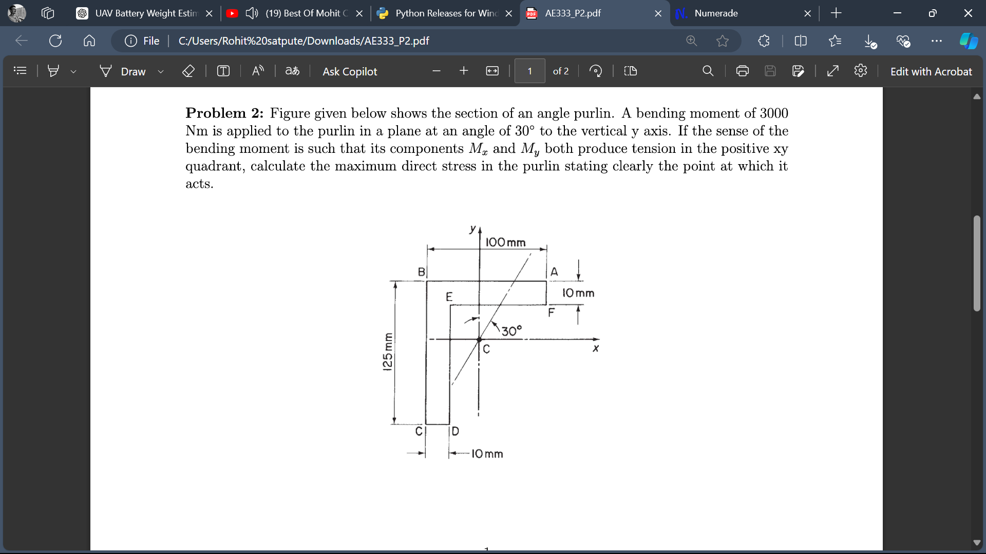problem 2 figure given below shows the section of an angle purlin a bending moment of 3000 nm is ...