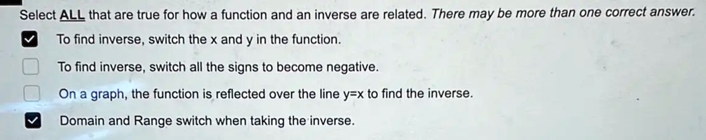 SOLVED: Select ALL that are true for how a function and an inverse are ...