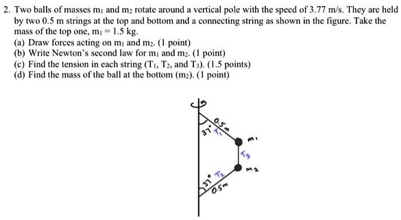 SOLVED: Two balls of masses m and m rotate around a vertical pole with a speed of 3.77 m/s. They ...