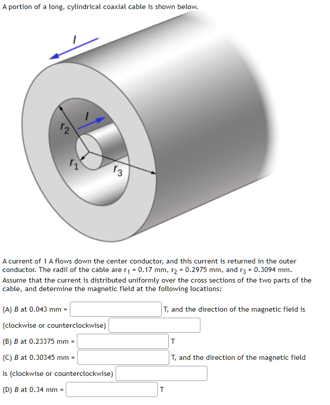 A portion of a long, cylindrical coaxial cable is shown below. 12 / r1 ...