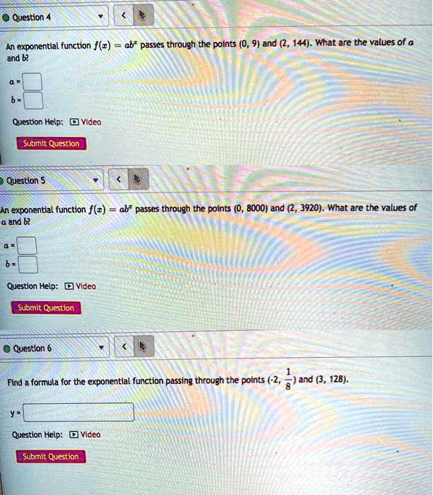 SOLVED: Question exponential function f() ab" passes through the points (0, 9) and (2, 144) what ...