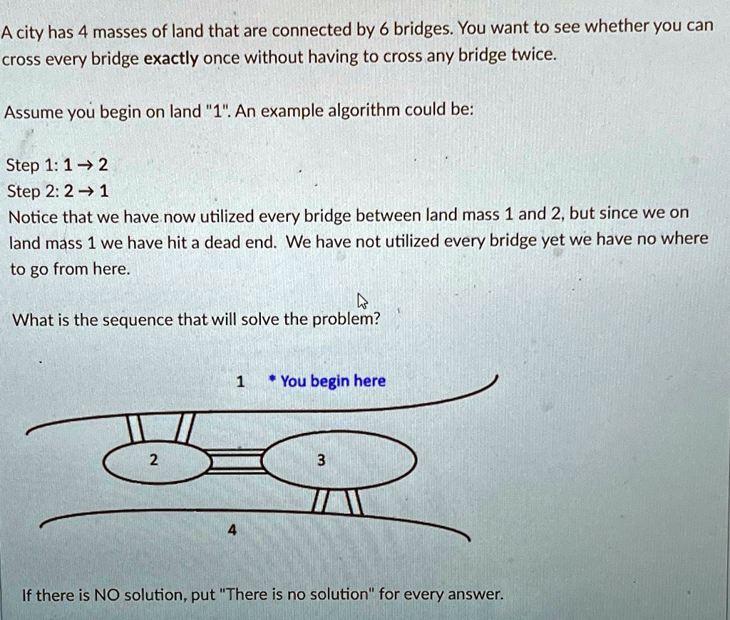 SOLVED: A city has 4 masses of land that are connected by 6 bridges ...