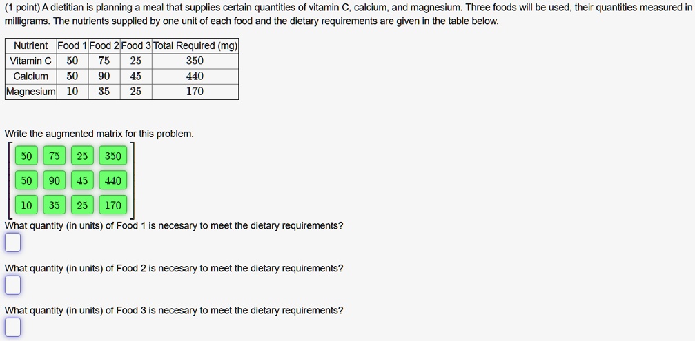 (1 point) A dietitian is planning a meal that supplies certain ...