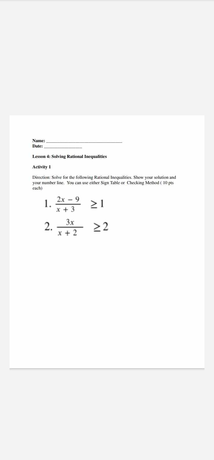 SOLVED: Name: Lesson 4: Solving Rational Inequalities Activity 1 Direction: Solve for the ...
