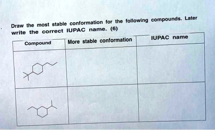 SOLVED: stable conformation for the following compounds: Later Draw the most write the correct ...