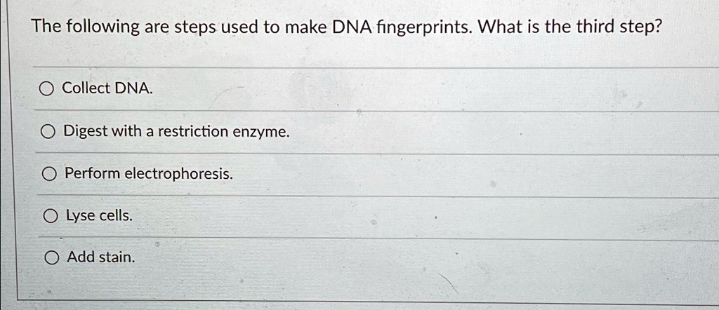 SOLVED: The following are steps used to make DNA fingerprints. What is the third step? Collect ...