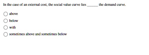 SOLVED: In the case of an external cost, the social value curve lies ...