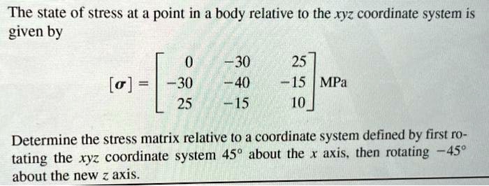 SOLVED: The state of stress at a point in a body relative to the xyz coordinate system is given ...