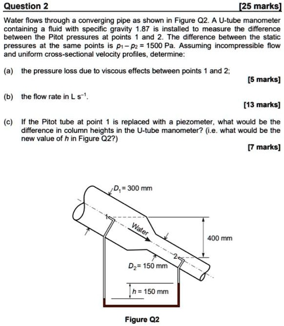 Question 2 [25 marks] Water flows through a converging pipe as shown in ...