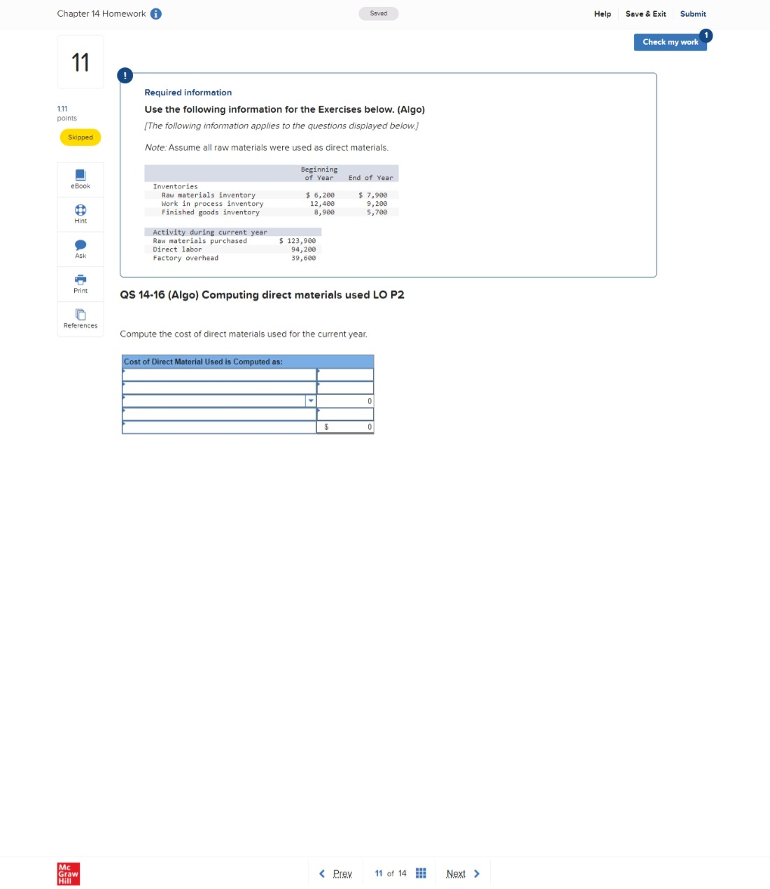 Chapter 14 Homework Saved Help Save & Exit Submit 11 1.11 points Skipped ! Required information ...