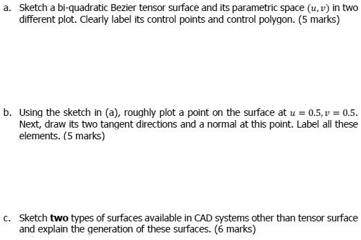 a. Sketch a bi-quadratic Bezier tensor surface and its parametric space (u, v) in two different ...