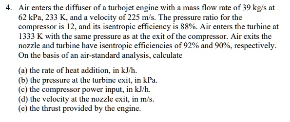 SOLVED: Air enters the diffuser of a turbojet engine with a mass flow ...