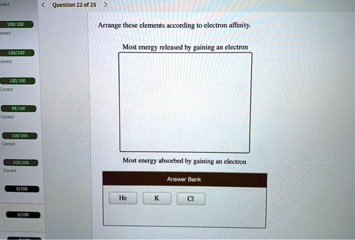 SOLVED: Question 22 of 25 100/100 Arrange these elements according ...