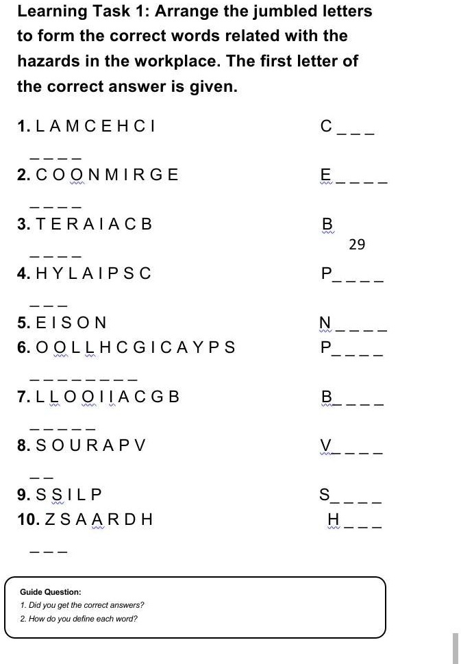 Learning Task 1: Arrange the jumbled letters to form the correct words related with the hazards ...