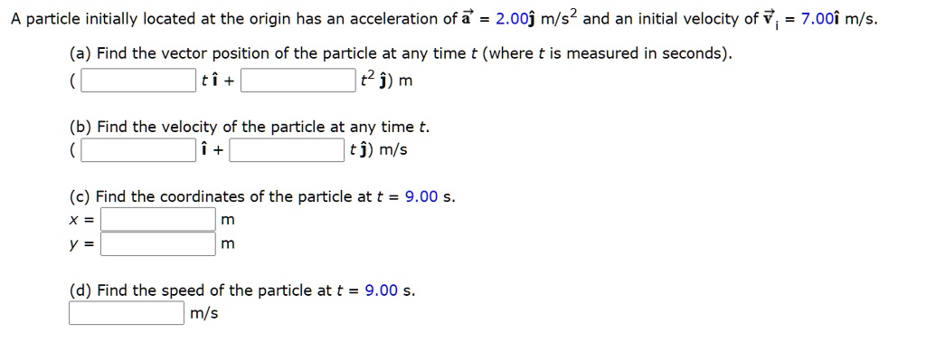 SOLVED: A particle initially located at the origin has an acceleration of a 2.00j m/s? and an ...