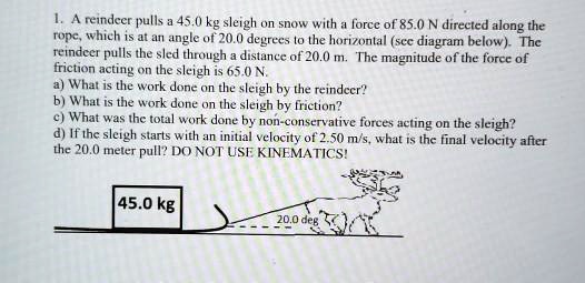 The reindeer pulls a 45.0 kg sleigh with a force of 85.0 N directed ...