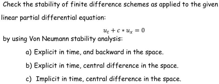 Check the stability of finite difference schemes as applied to the given linear partial ...