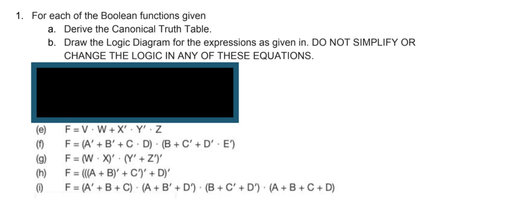 1. For each of the Boolean functions given a. Derive the Canonical Truth Table. b. Draw the ...