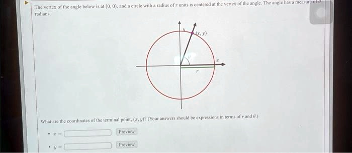 The vertex of the angle below is at (0,0) and a circle with a radius of ...