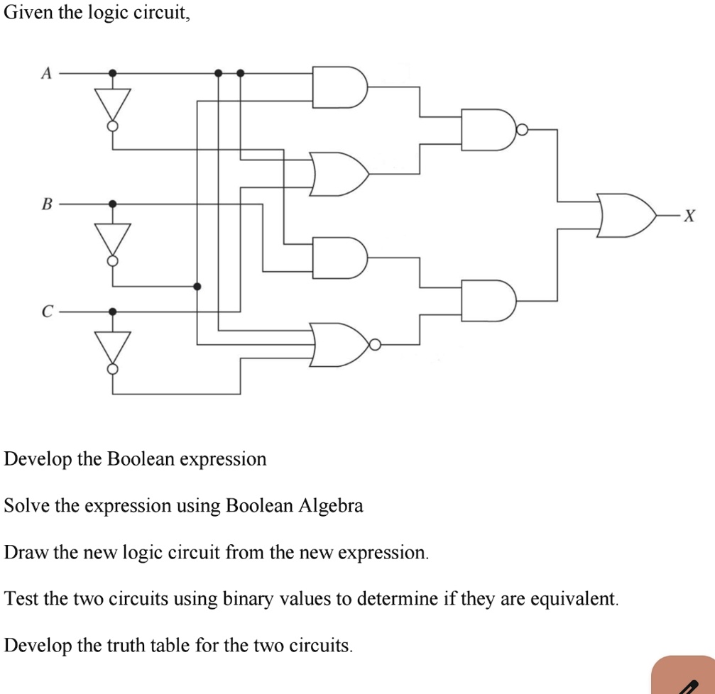 given the logic circuit a b c x develop the boolean expression solve ...