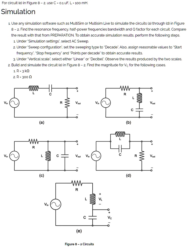 For circuit (e) in Figure 8 - 2, use C = 0.1 uF. L = 100 mH. Simulation 1. Use any simulation ...