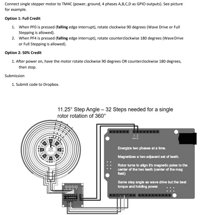 Connect single stepper motor to TM4C (power, ground, 4 phases A,B,C,D ...