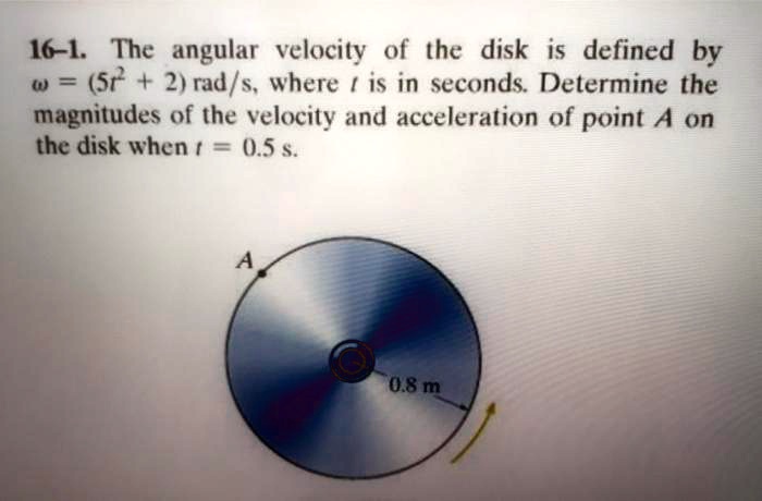 SOLVED: The angular velocity of the disk is defined by w = 5r + 2 rad/s, where t is in seconds ...