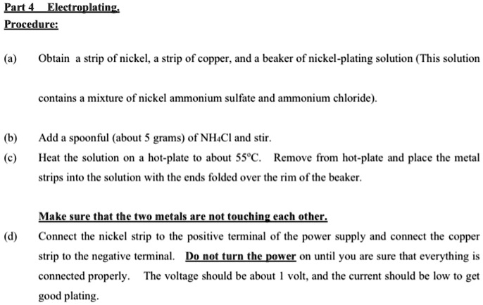 SOLVED: Purt| Electroplating Procedurei (a) Obtain strip of nickel ...