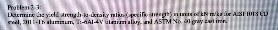 Problem 2-3: Determine the yield strength-to-density ratios (specific ...