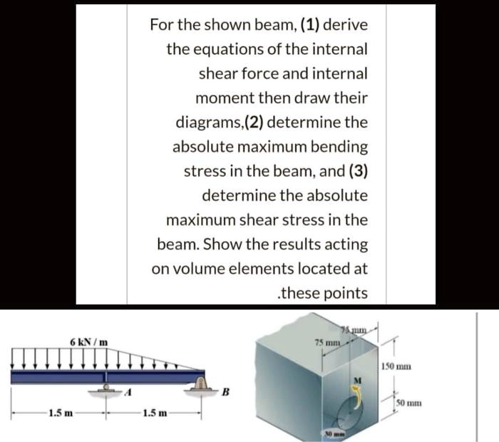 6 kN/m For the shown beam, (1) derive the equations of the internal ...