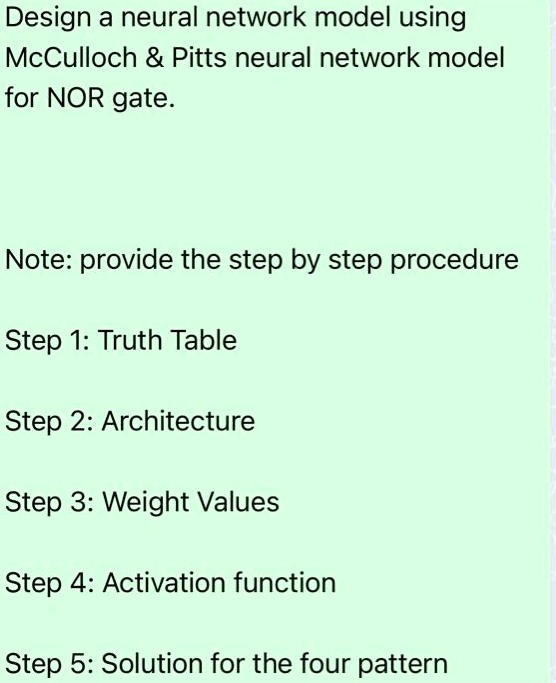 Solved Design A Neural Network Model Using Mcculloch Pitts Neural Network Model For Nor Gate 2425