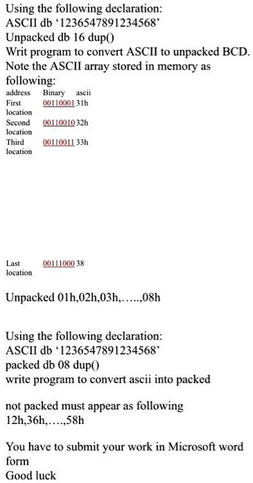 Solved Using The Following Declaration Ascii Db 1236547891234568 Unpacked Db 16 Dupo Writ