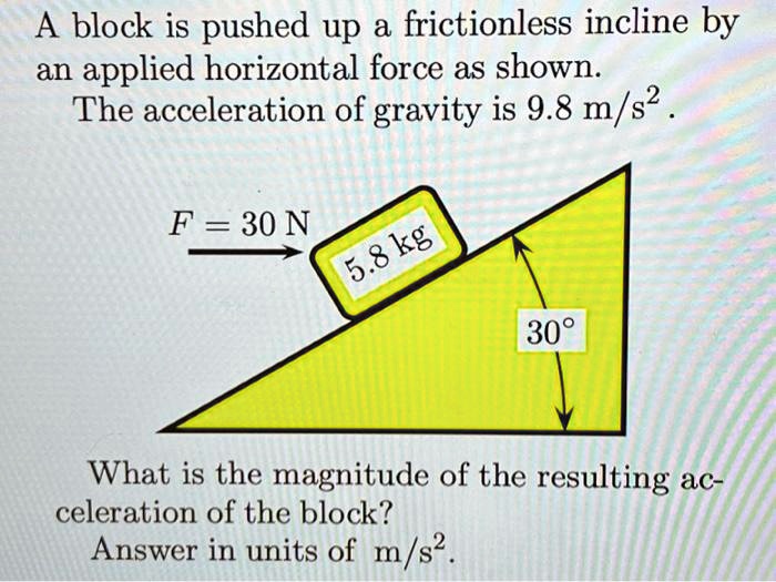 SOLVED: A block is pushed up a frictionless incline by an applied ...