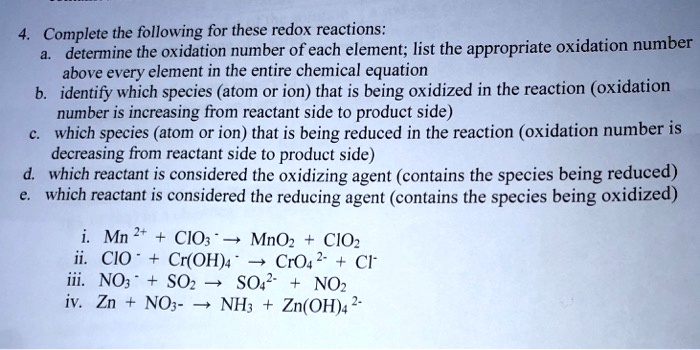 SOLVED:Complete the following for these redox reactions: deterimine the ...